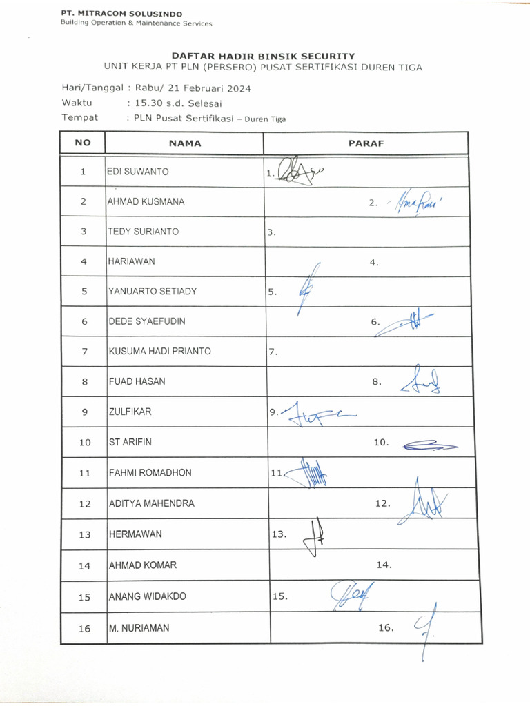 Daftar Hadir Bimtek Gada Utama 21 Februari 2024 | PDF