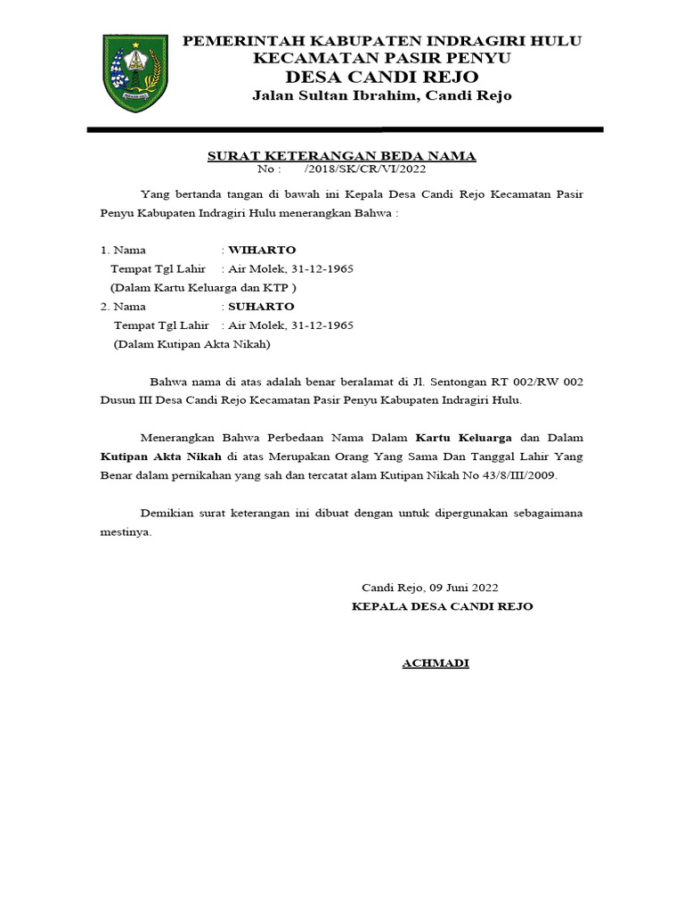 SURAT Beda NIK | PDF