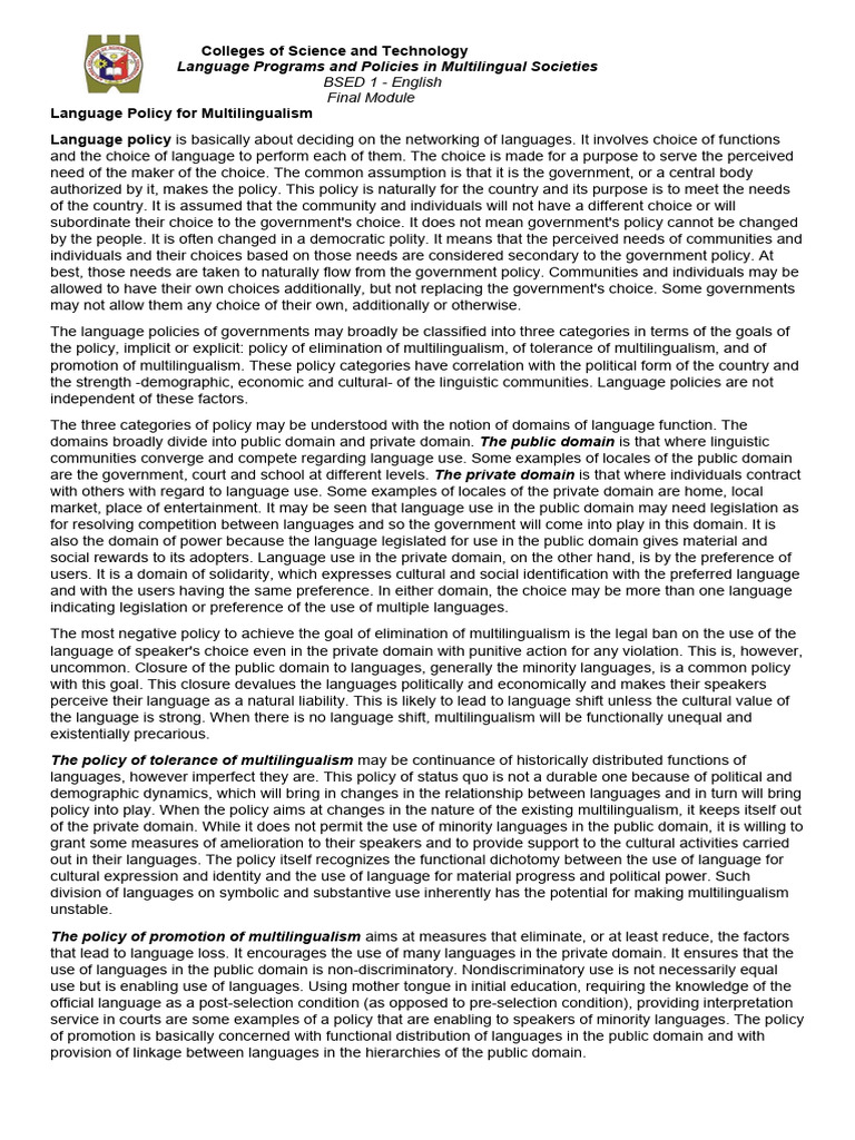El 104 Final Module | PDF | Multilingualism | Policy