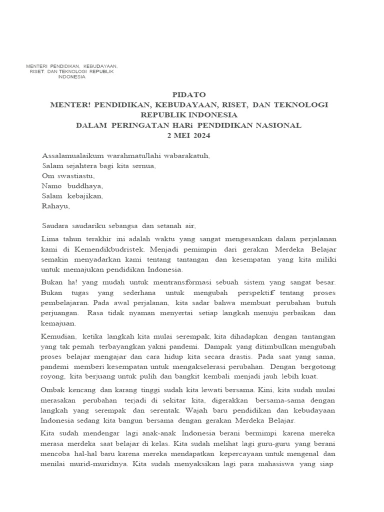 Pidato Menteri Pendidikan 2024: Merdeka Belajar | PDF | Perjalanan