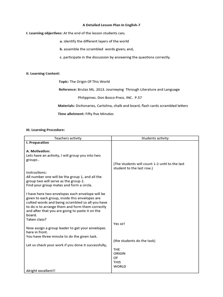 English Lesson Plan: World Layers for 7th Grade | PDF | Lesson Plan