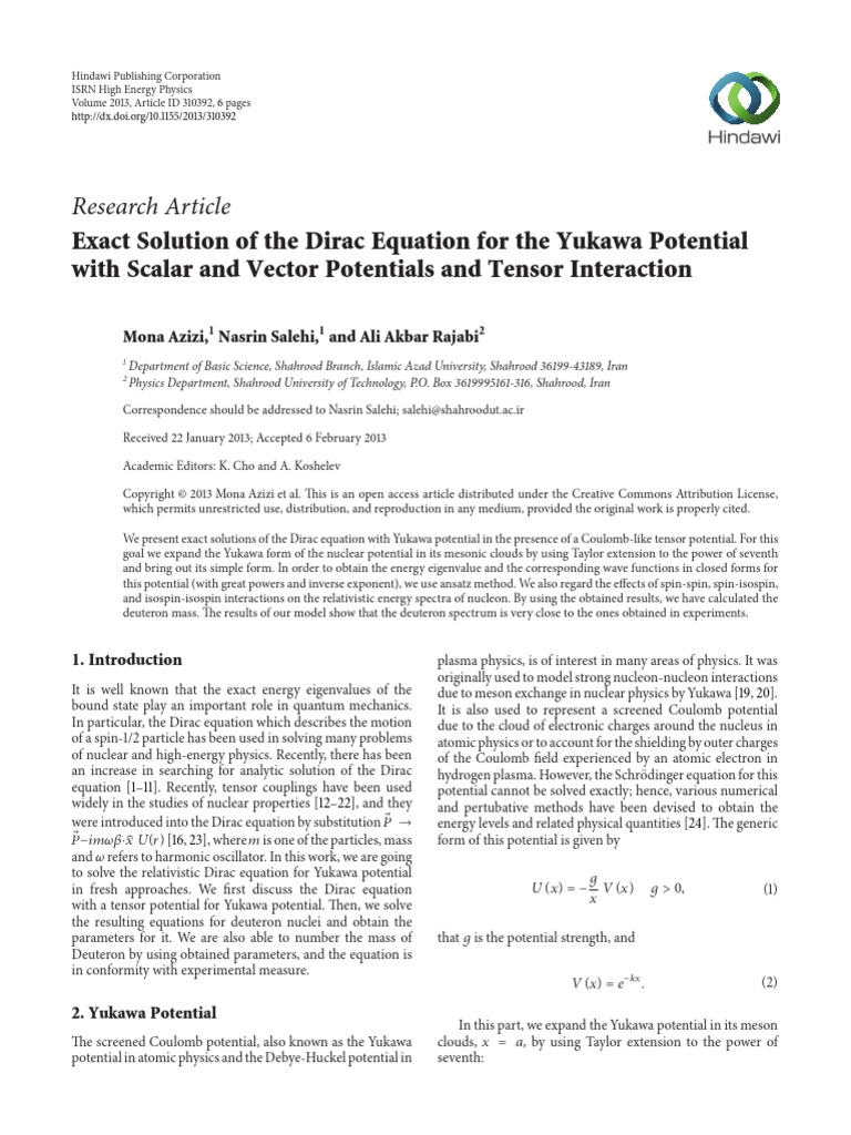 Exact Solution Of The Dirac Equation For The Yukawa Potential Pdf Atomic Nucleus Deuterium