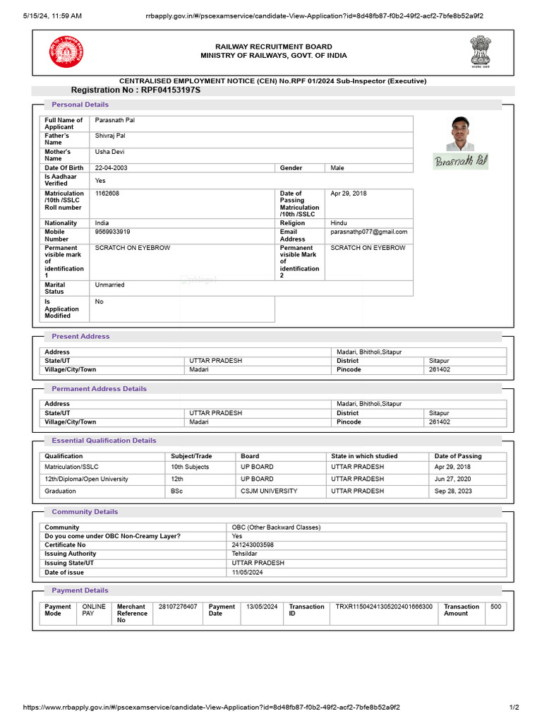RPF 2024 Sub-Inspector Application Details | PDF