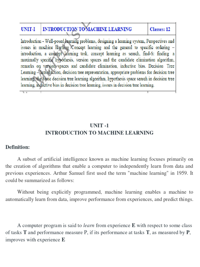 ML Unit - 1 | PDF | Machine Learning | Computer Vision