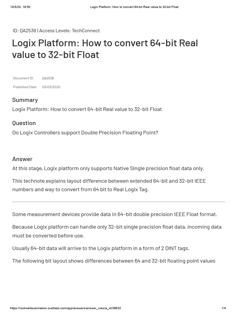 Logix Platform_ How to convert 64-bit Real value to 32-bit Float | PDF ... Logix Platform_ How to convert 64-bit Real value to 32-bit Float | PDF ...