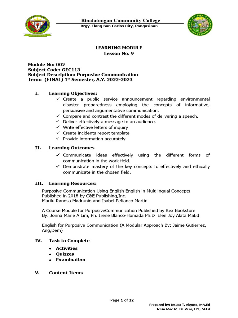 LMS FINALS Purposive Communication 1 | PDF | Résumé | Public Speaking