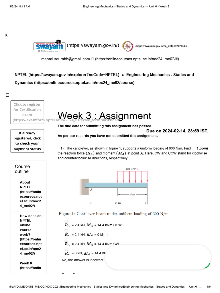 Engineering Mechanics - Statics and Dynamics - Unit 6 - Week 3 | PDF | Bending | Beam (Structure)