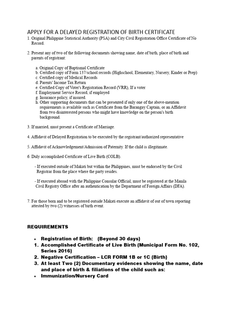 Apply For A Delayed Registration of Birth Certificate | PDF | Birth Certificate | Living ...