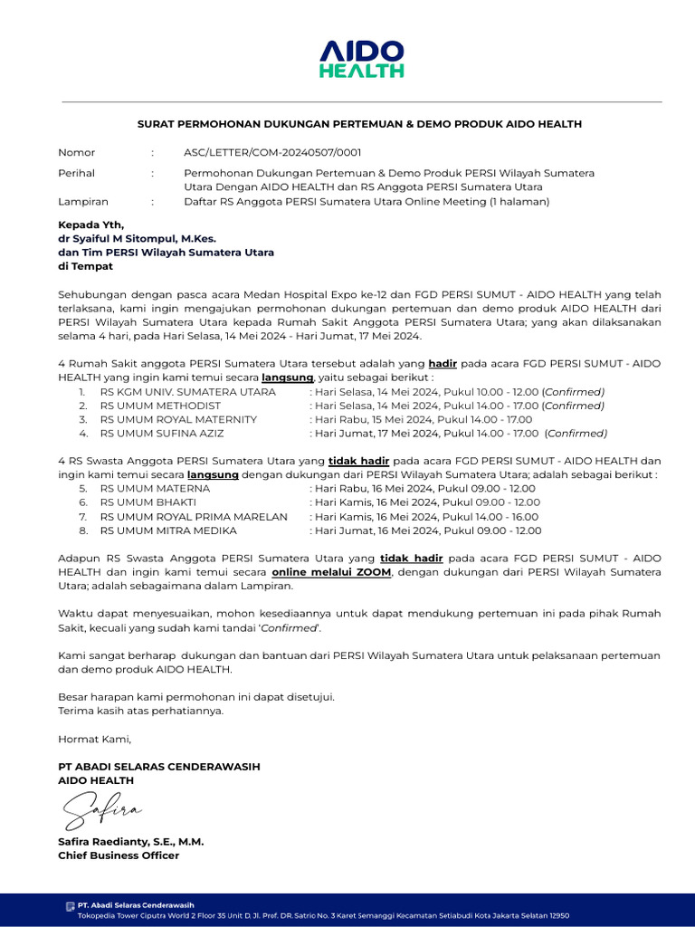 Surat Permohonan Dukungan Pertemuan & Demo Produk Aido Health - Persi Wilayah Sumatera Utara - 7 ...