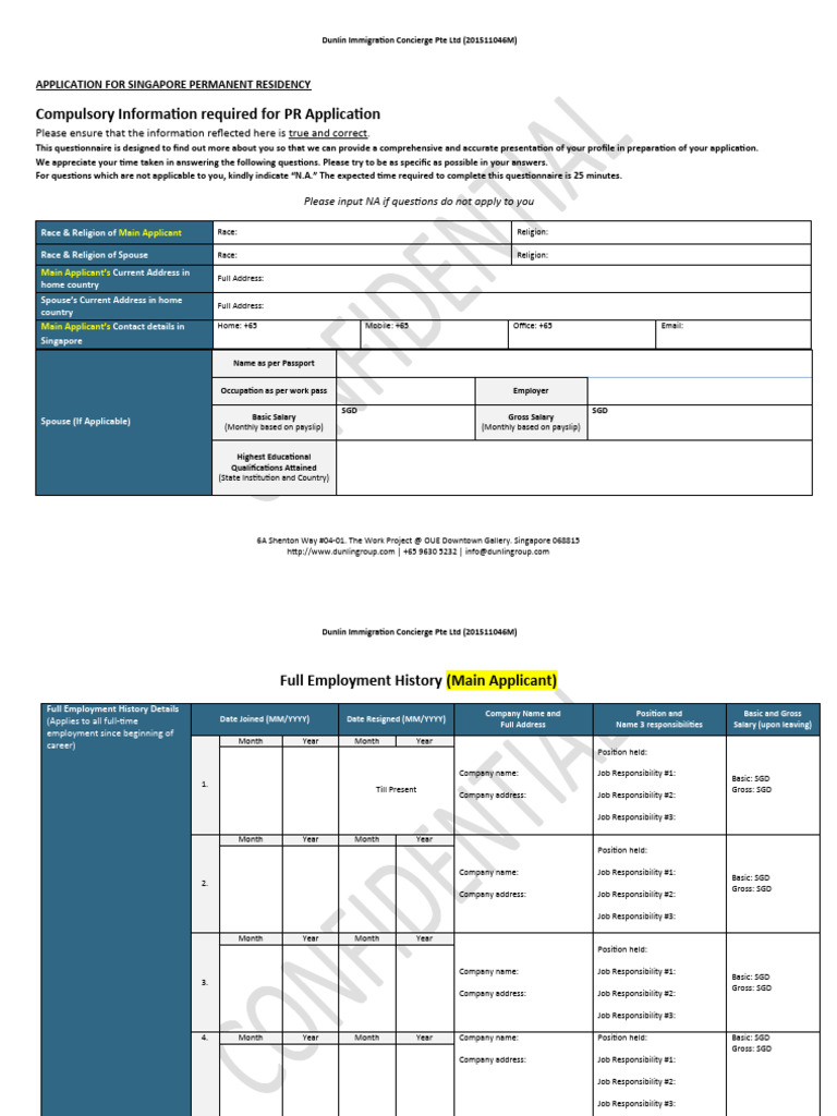 Singapore PR Application Questionnaire | PDF