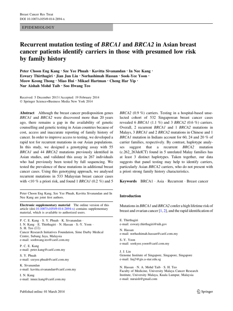 BRCA Mutation Testing in Asian Breast Cancer | PDF | Clinical Medicine ...