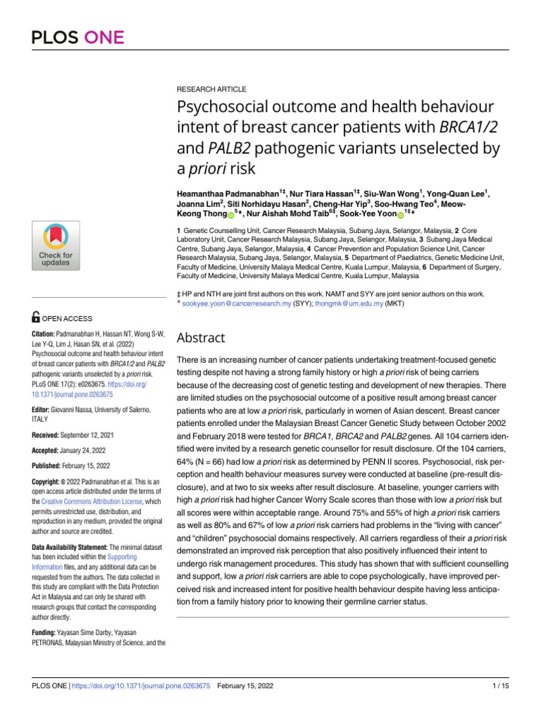 Psychosocial Outcome and Health Behaviour Intent of Breast Cancer ...