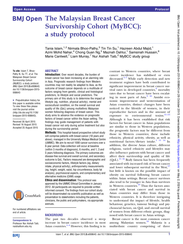 The Malaysian Breast Cancer Survivorship Cohort (MyBCC) A Study ...