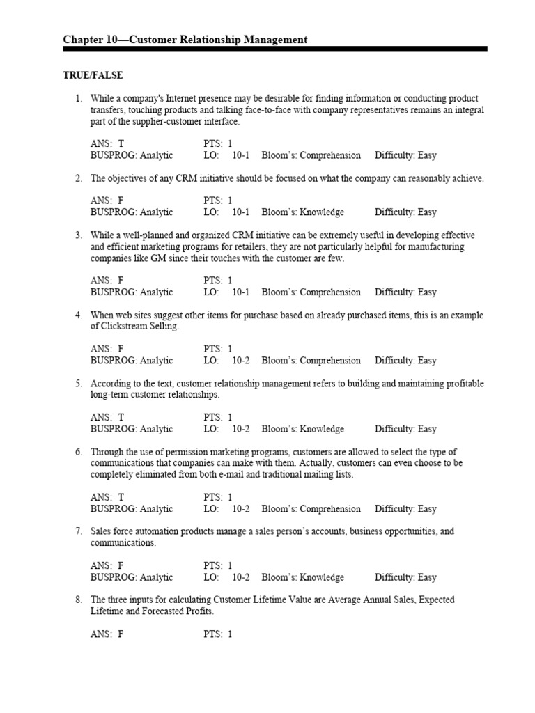 5e Chapter 10 Test Questions | PDF | Customer Relationship Management ...