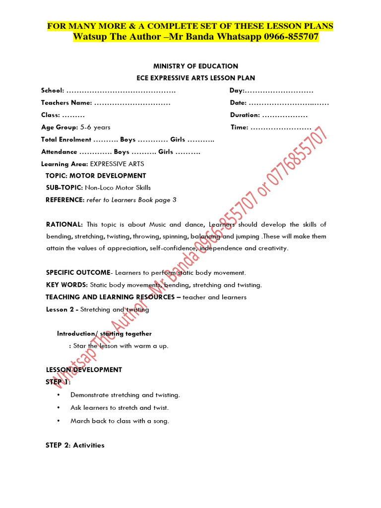Ece Exp Arts Sample Lesson Plans by MR Banda 0966855707 | PDF | Learning | Lesson Plan