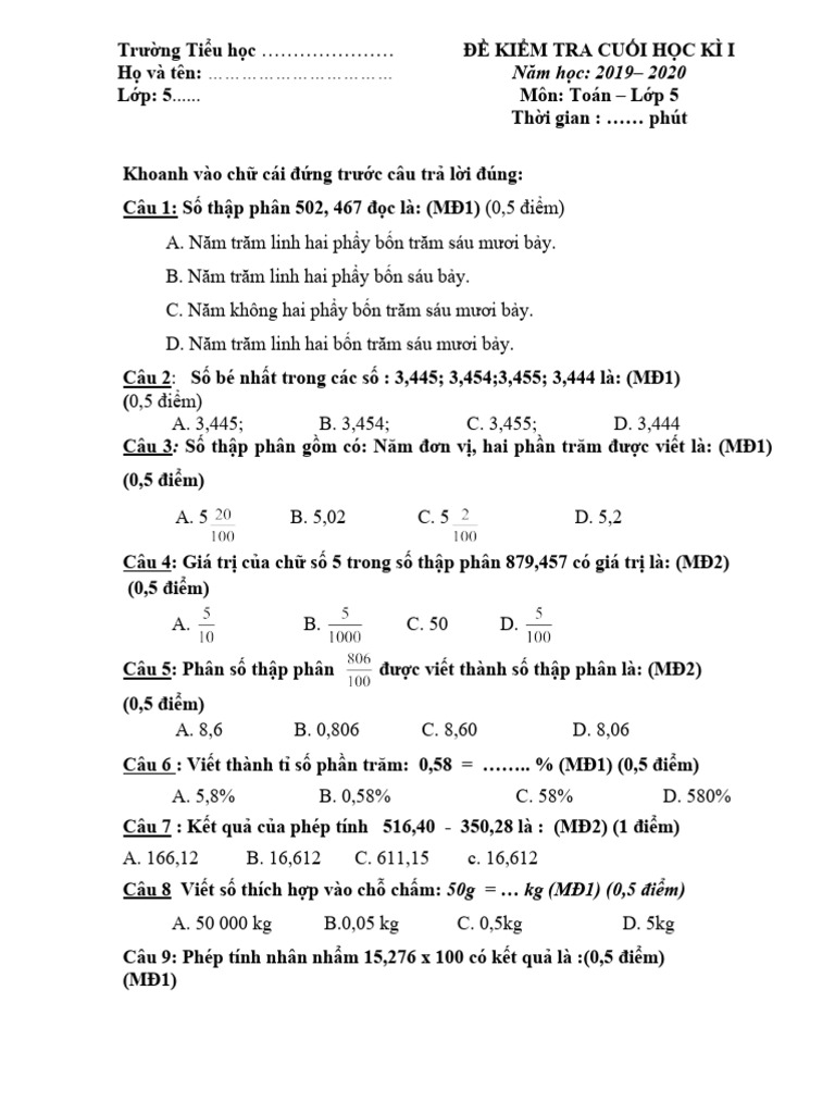 De Thi Hoc Ki 1 Mon Toan Lop 5 Nam 2019 2020 de 2 | PDF