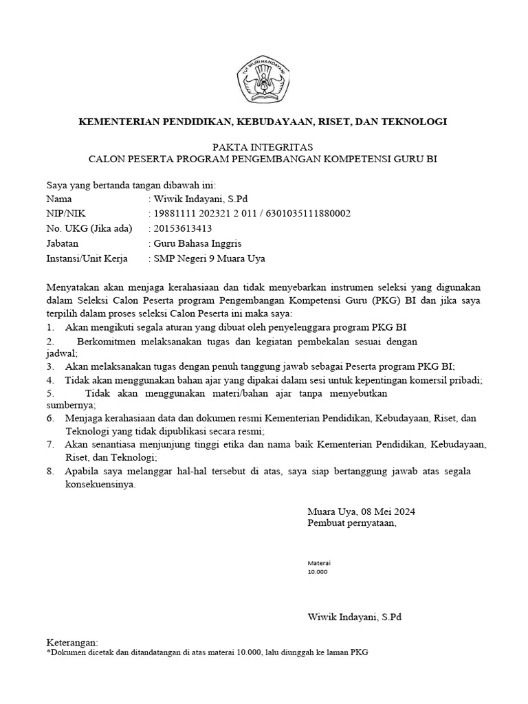 pakta integritas PKGBI | PDF