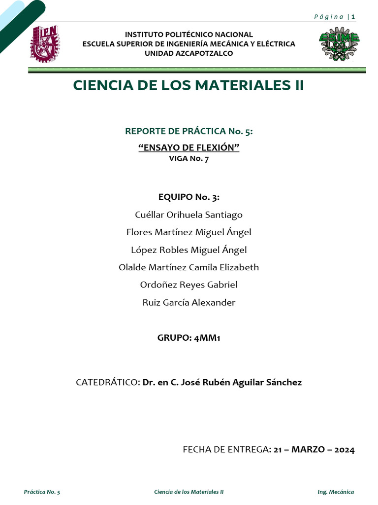 Práctica No. 05 (Eq.3 4MM1) - FLEXIÓN (VIGA 7) | PDF | Viga (Estructura) | Doblar