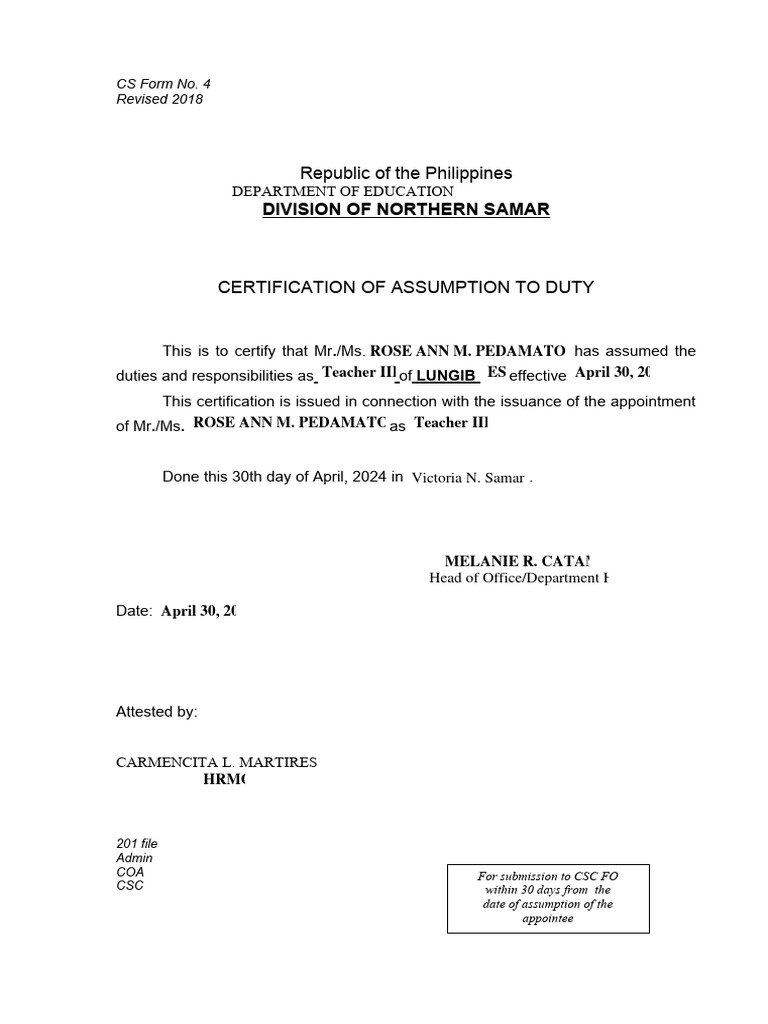 Assumption To Duty | PDF