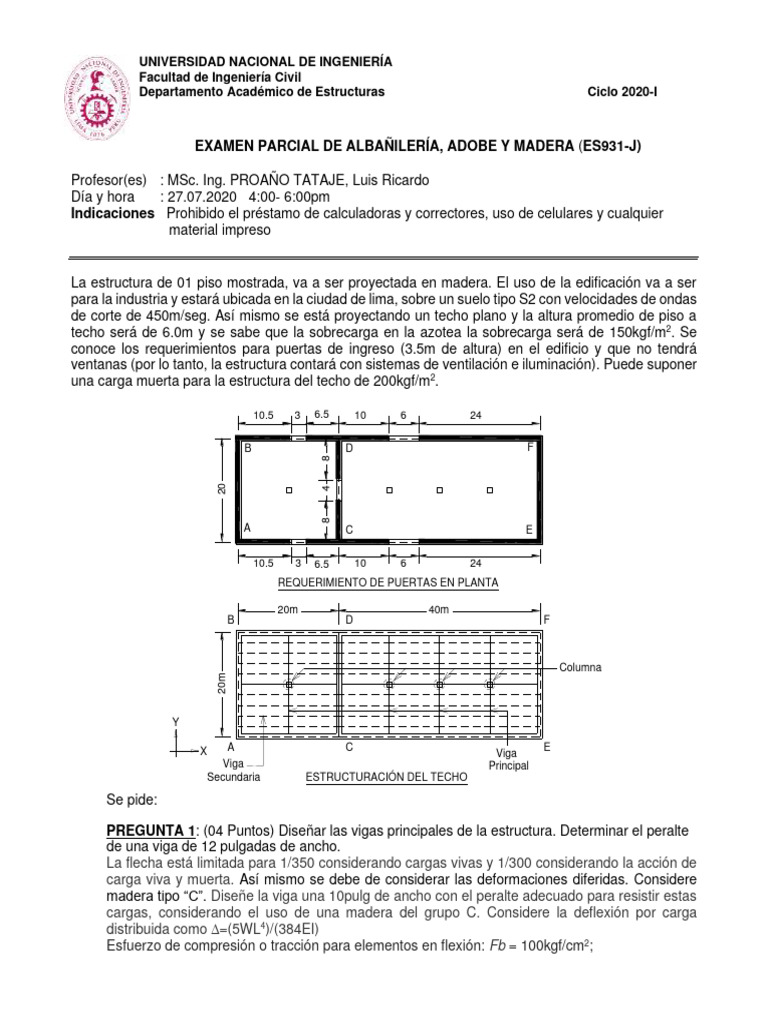 Examen Parcial - ES931-J - 2020-I | PDF | Ingeniería mecánica | Ingeniería de Edificación