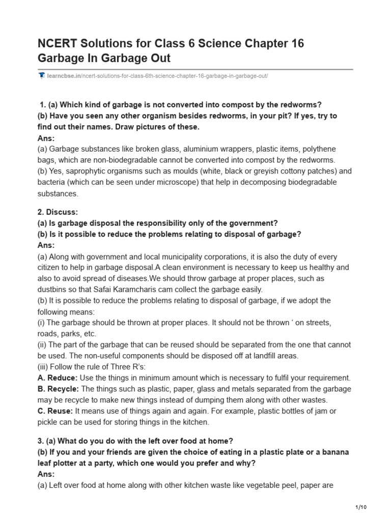 Learncbse - in-NCERT Solutions For Class 6 Science Chapter 16 Garbage ...