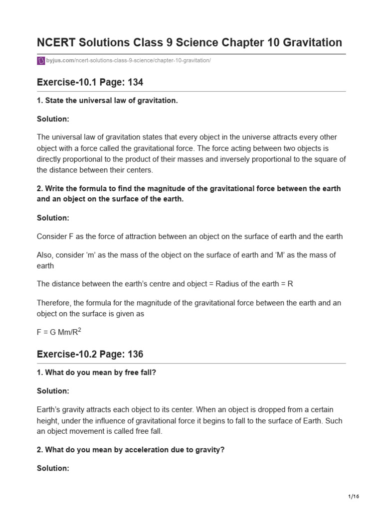 NCERT Solutions Class 9 Science Chapter 10 Gravitation | PDF | Weight ...