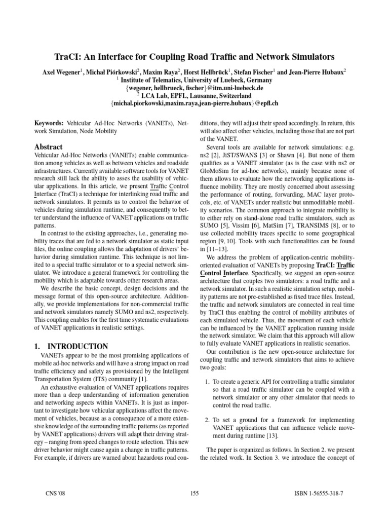 TraCI An Interface For Coupling Road Traffic and N | PDF | Simulation | Wireless Ad Hoc Network