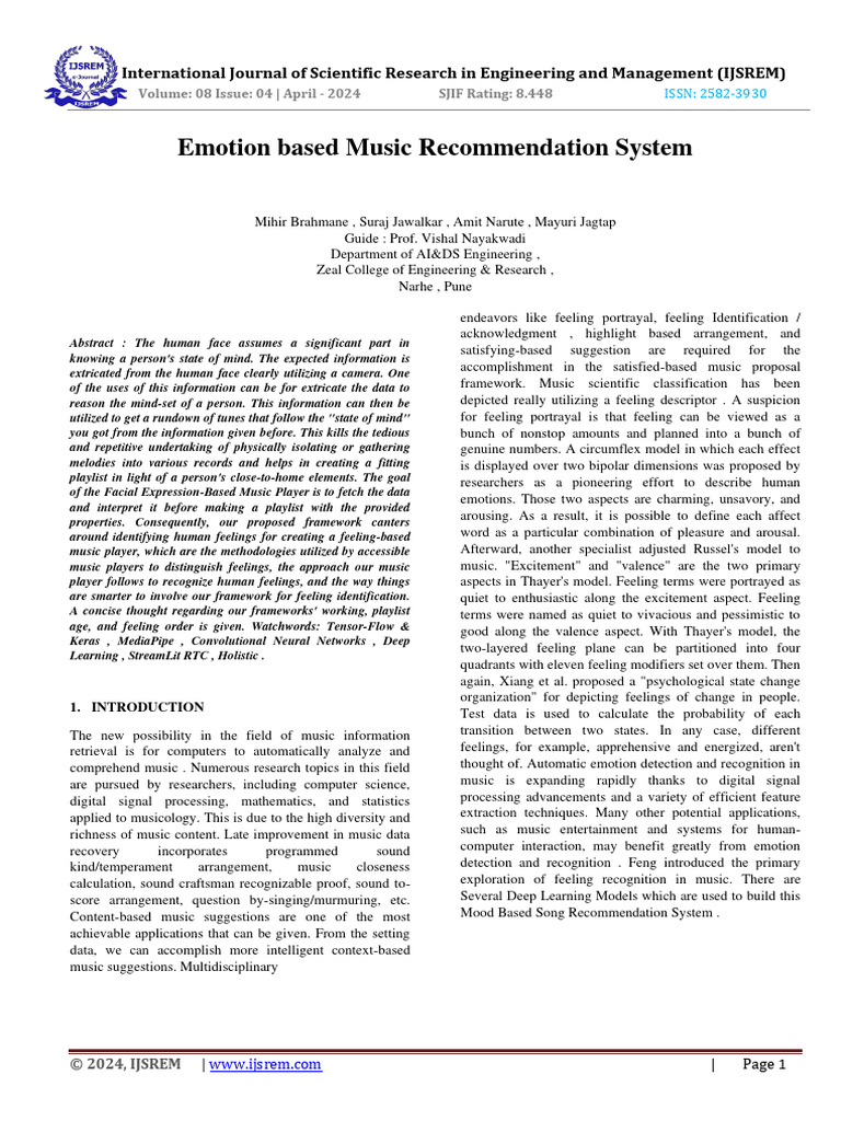 Emotion Based Music Recommendation System | PDF | Accuracy And Precision | Deep Learning