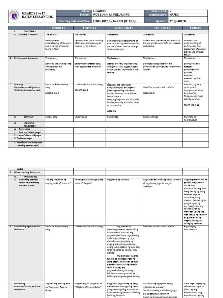 DLL - Mapeh 5 - Q3 - W3 | PDF