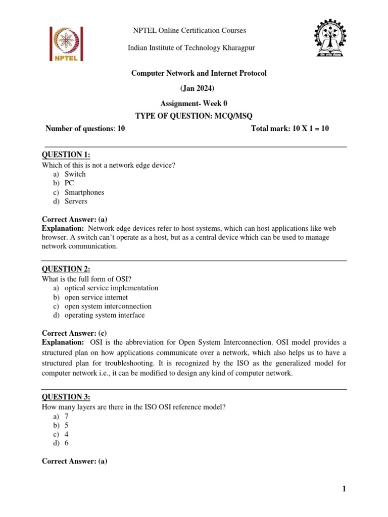 NPTEL Computer Network MCQ Assignments | PDF | Transmission Control Protocol | Routing