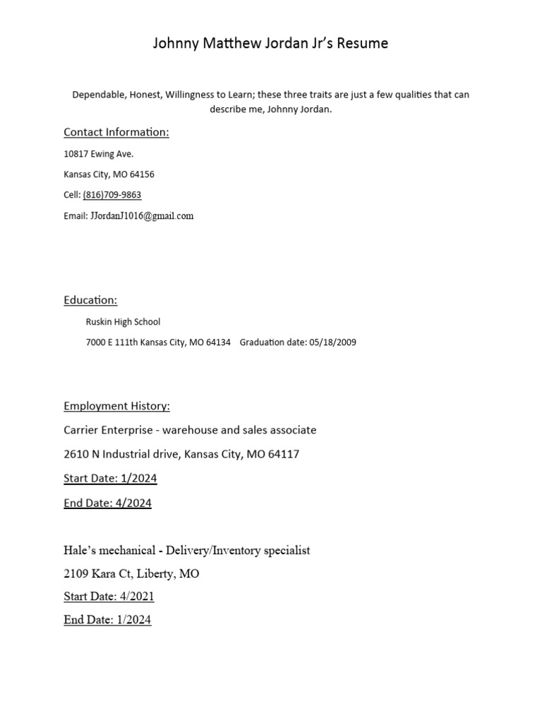 Johnny Matthew Jordan Jr's Resume | PDF