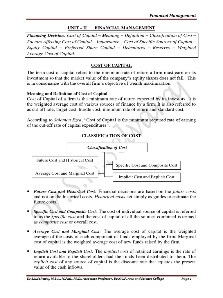 Financial Management (II-B) - Unit 2 | PDF | Cost Of Capital ...