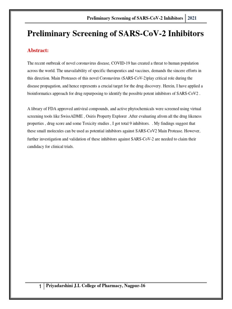 Preliminary Screening of SAR1 | PDF | Ic50 | Virus