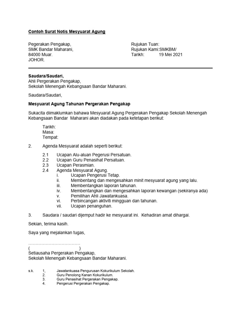 Contoh Surat Notis Mesyuarat Agung | PDF