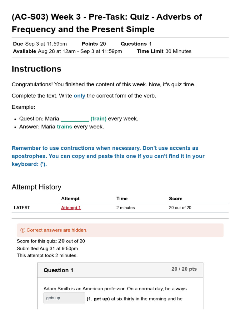(AC-S03) Week 3 - Pre-Task - Quiz - Adverbs of Frequency and The Present Simple - INGLES II ...