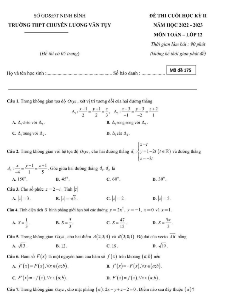 De Hoc Ky 2 Toan 12 Nam 2022 2023 Truong Chuyen Luong Van Tuy Ninh Binh | PDF