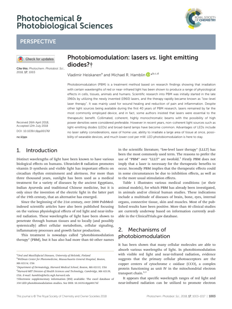 Photobiomodulation Lasers Vs Light Emitting DiodesPhotochemical and Photobiological Sciences ...