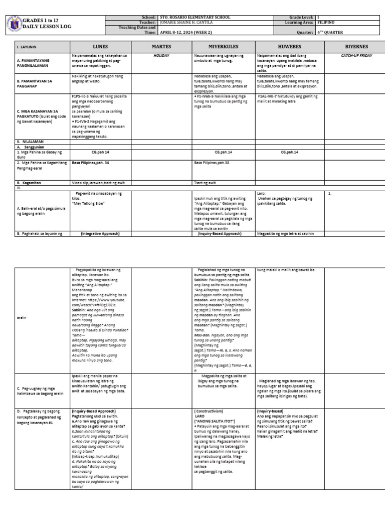 DLL - Filipino 1 - Q4 - W2 | PDF