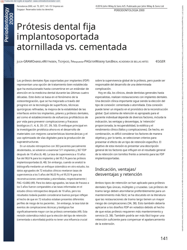 Periodontology 2000 - 2016 - Wittneben - Screw Retained Vs Cement ...