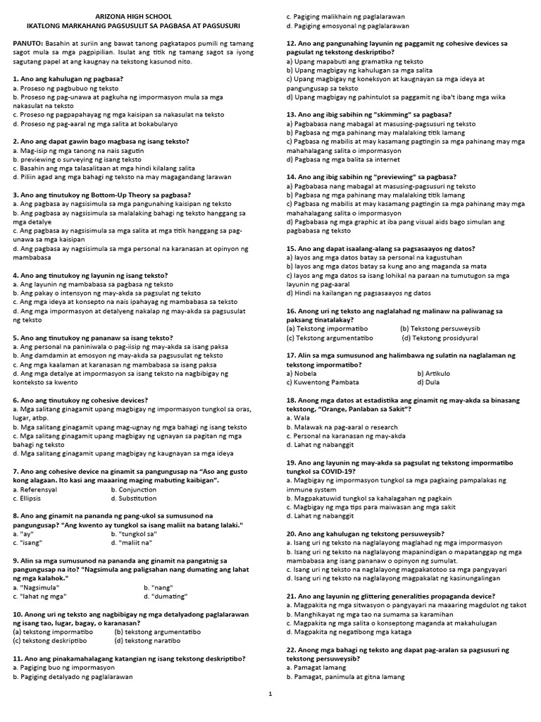Pagbasa 11-Quarter Exam | PDF