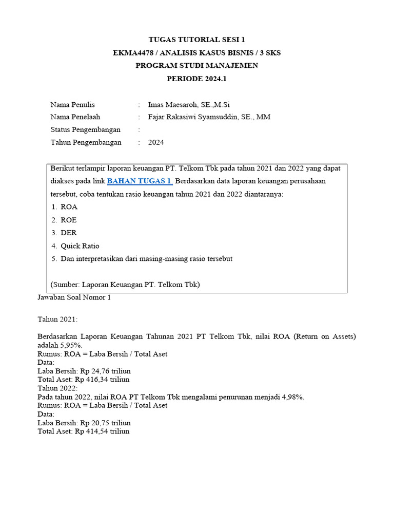 Jawaban Tugas 1 Analisis Kasus Bisnis (EKMA4478) | PDF