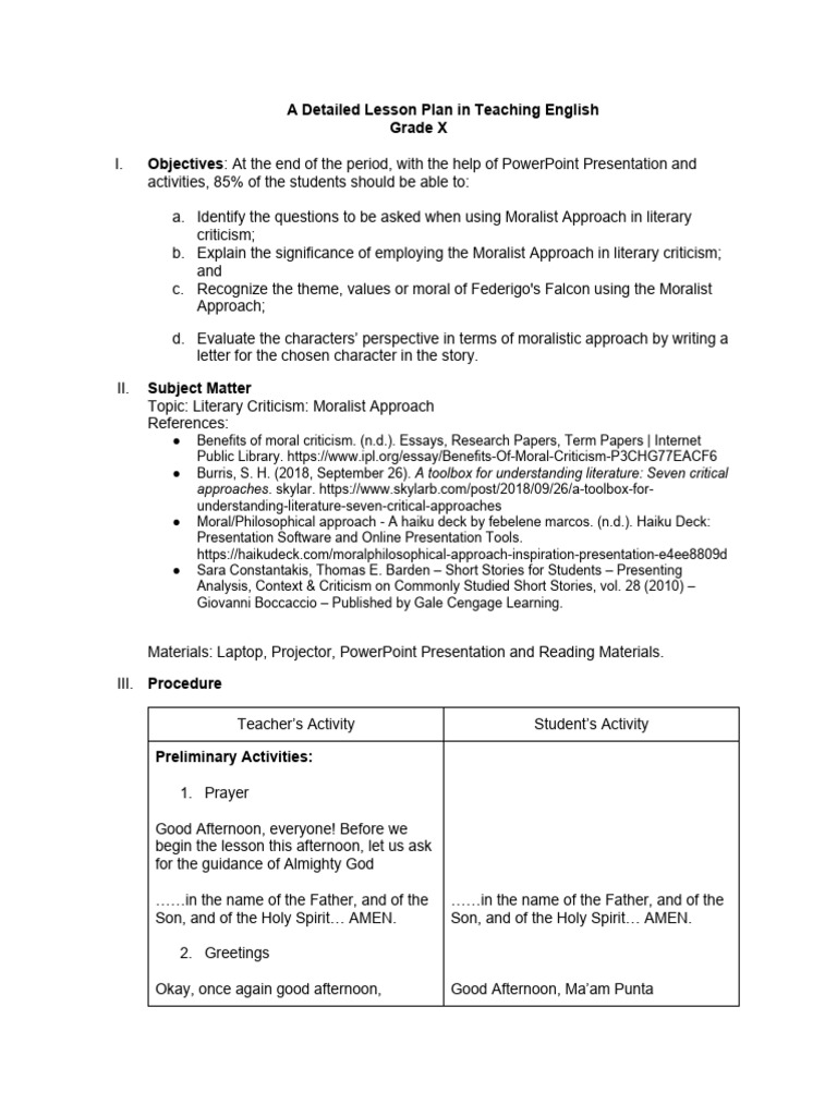 Detailed Lesson Plan in English Moralist Approach | PDF