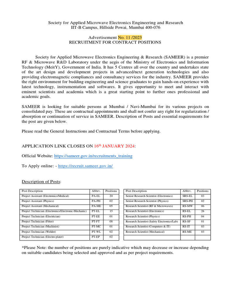 SAMEER Project Technician Recruitment 2024 | PDF | Academic Degree | Electronics