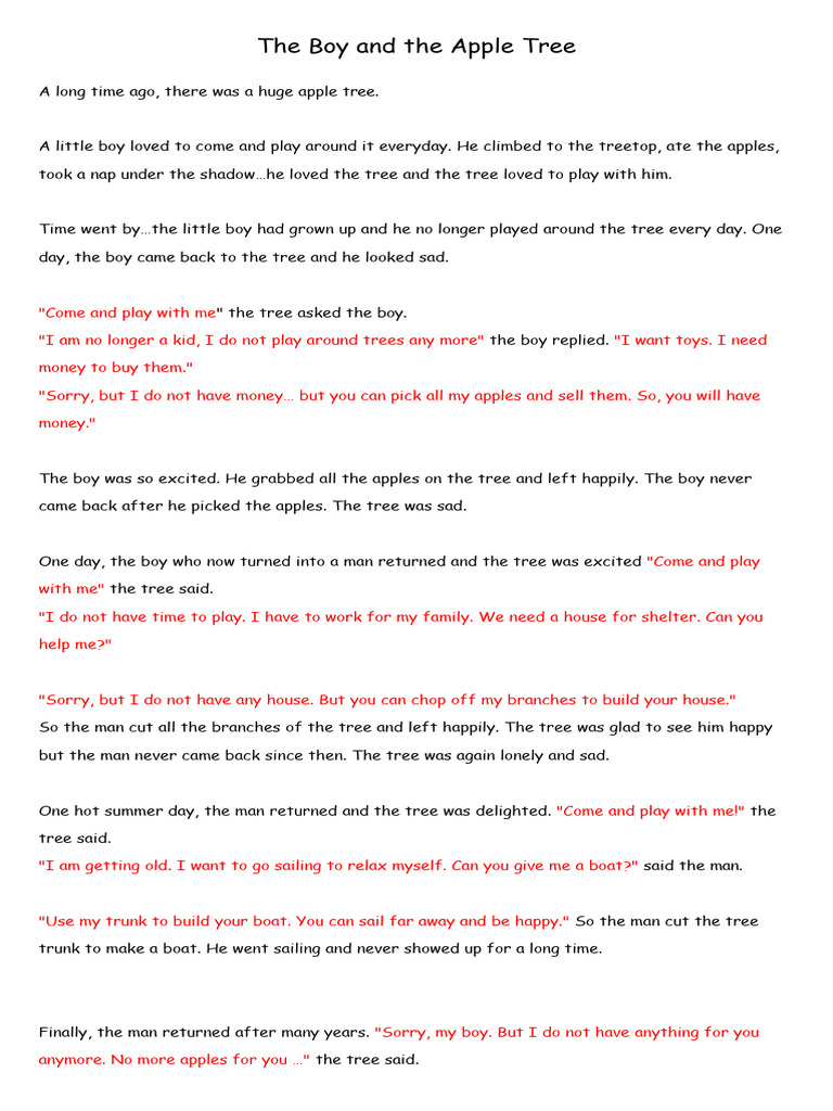 The Boy and the Apple Tree Story | PDF