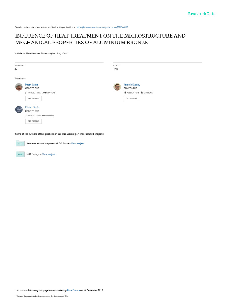 Influence of Heat Treatment On The Microstructure and Mechanical Properties of Aluminium Bronze ...
