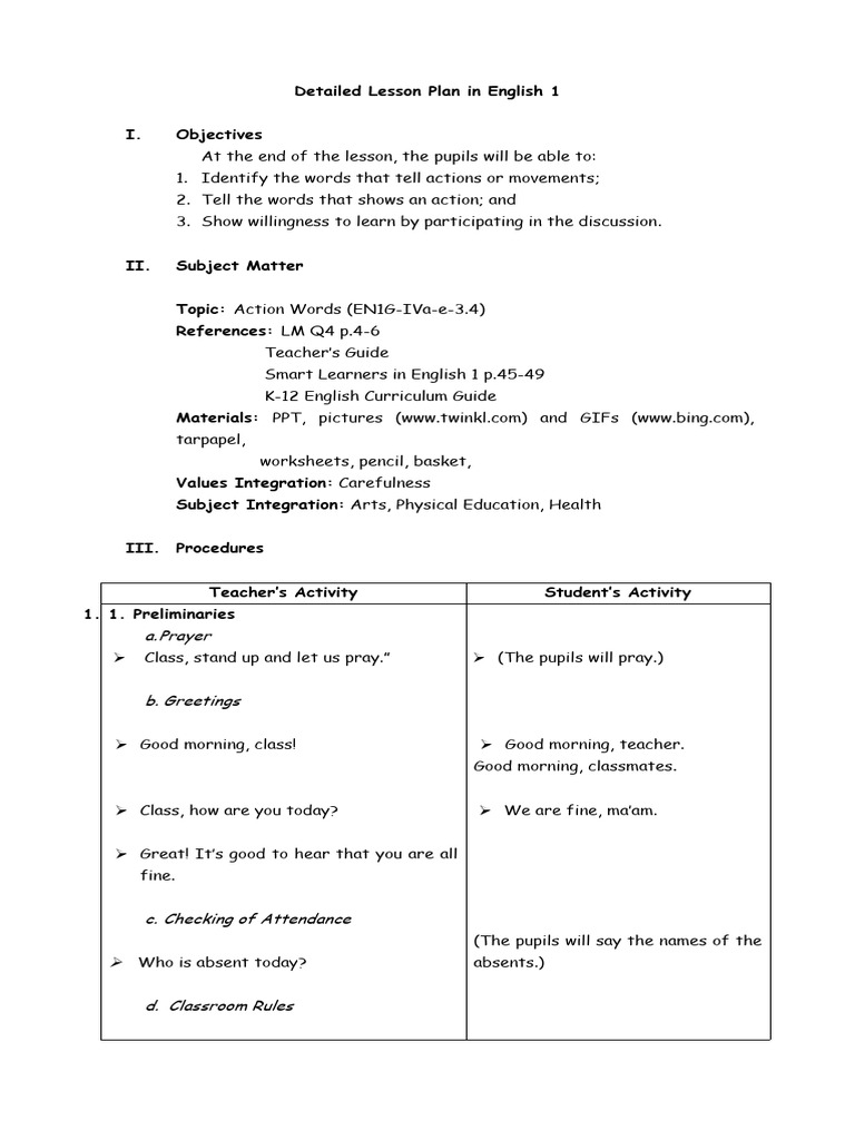 Detailed Lesson Plan in English 1 | PDF | Lesson Plan | Teachers