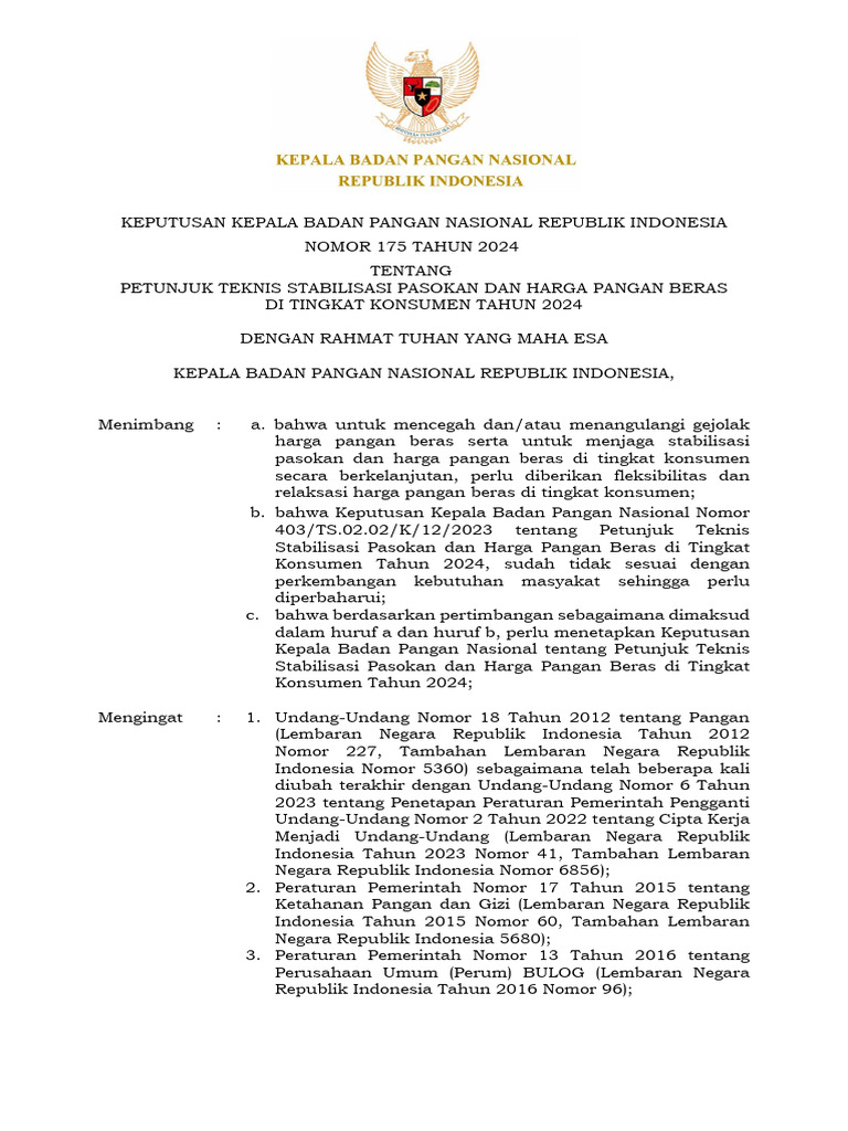 Surat Kenaikan HET Beras SPHP (01 Mei 2024) | PDF
