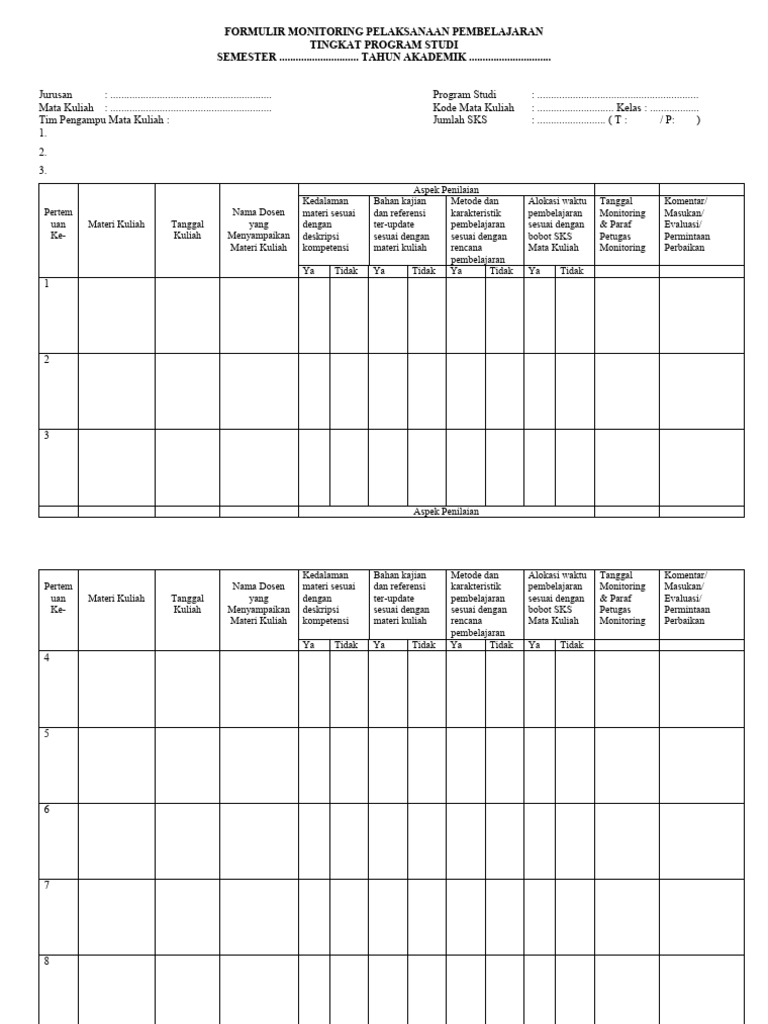Formulir Monitoring Pelaksanaan Pembelajaran | PDF