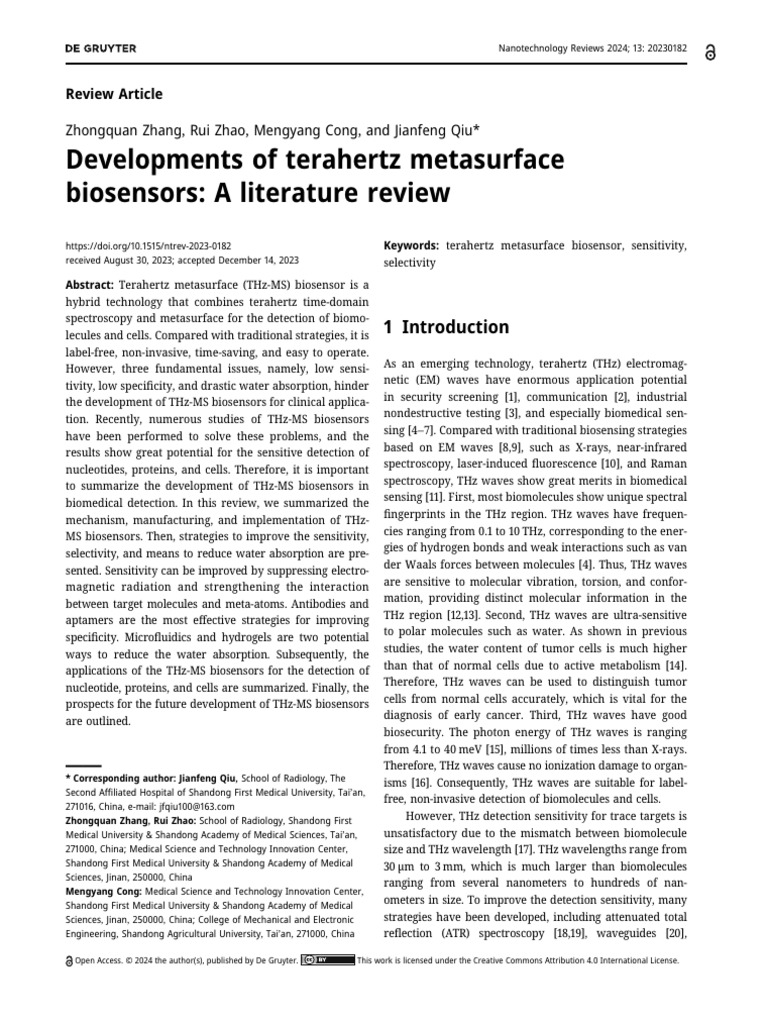 Developments of Terahertz Metasurface Biosensors A | PDF | Biosensor ...