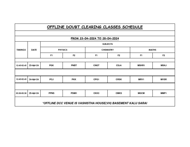 Offline Doubt Clearing Schedule | PDF